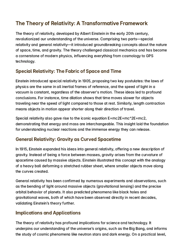The Theory of Relativity, A Transformative Framework | PDF | General ...