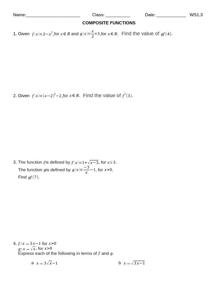 Worsheet 1.3 - Composite Function | PDF | Computers