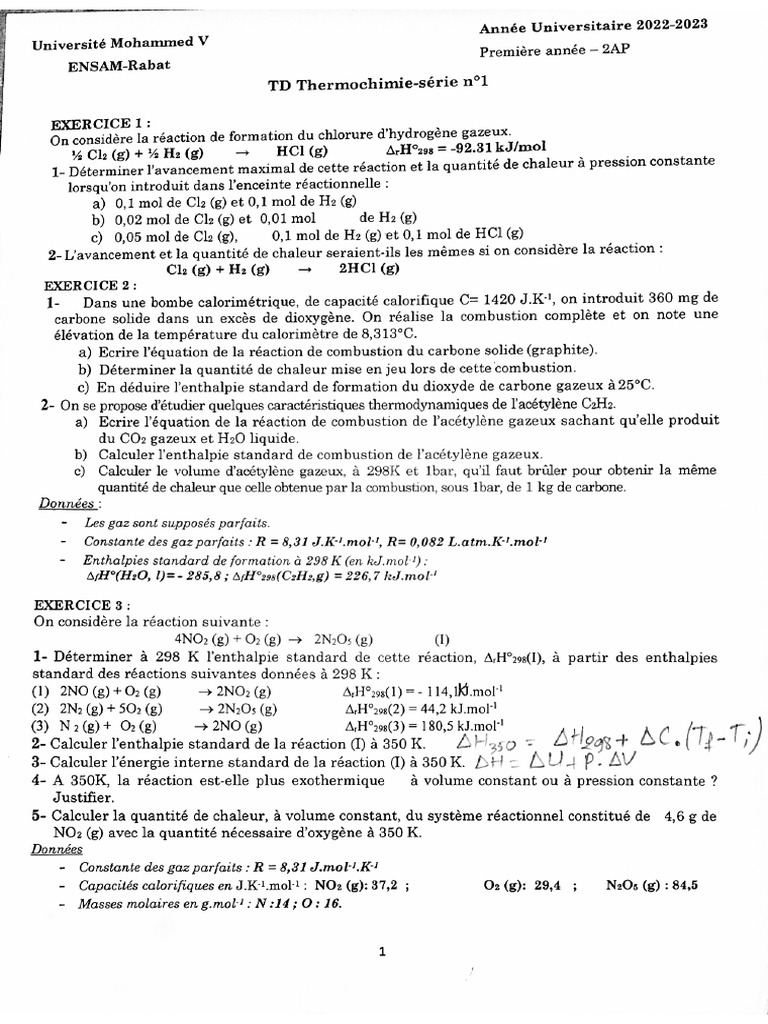 TD1 Thermochimie | PDF