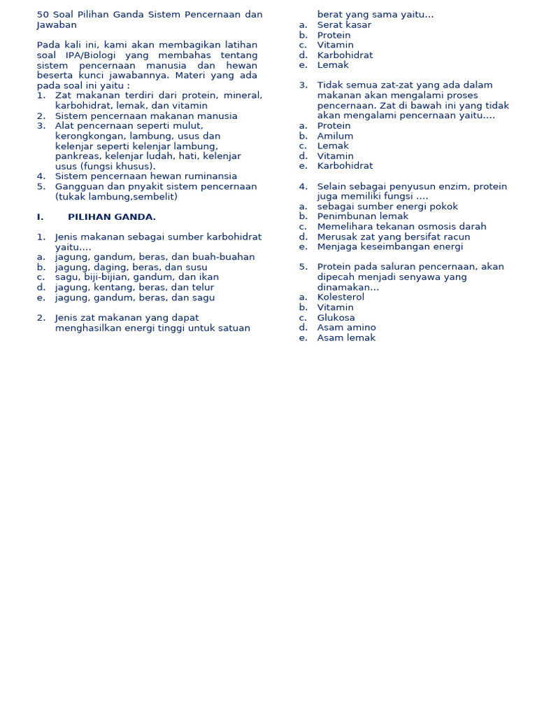50 Soal Pilihan Ganda Sistem Pencernaan Dan Jawaban - Compress | PDF