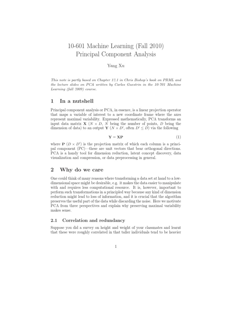 10-601 Machine Learning (Fall 2010) Principal Component Analysis | PDF ...