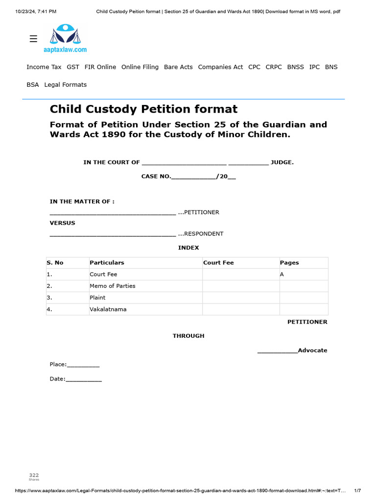 Child Custody Peition Format - Section 25 of Guardian and Wards Act ...
