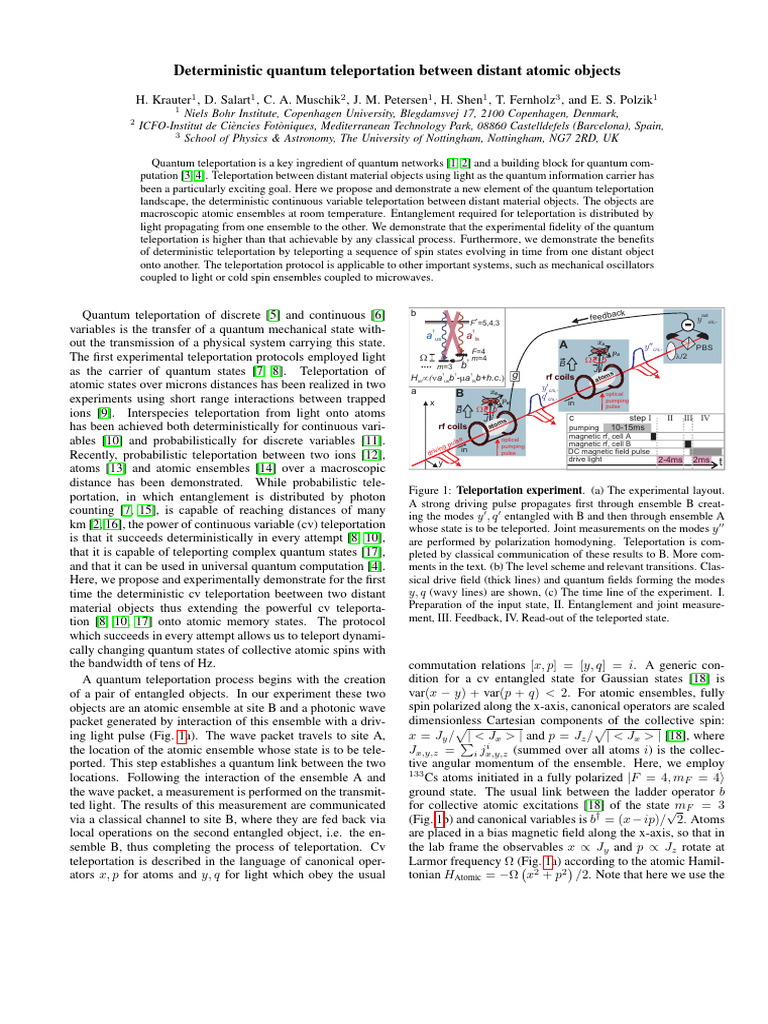 Deterministic Quantum Teleportation Between Distant Atomic Objects 1 | PDF | Quantum ...