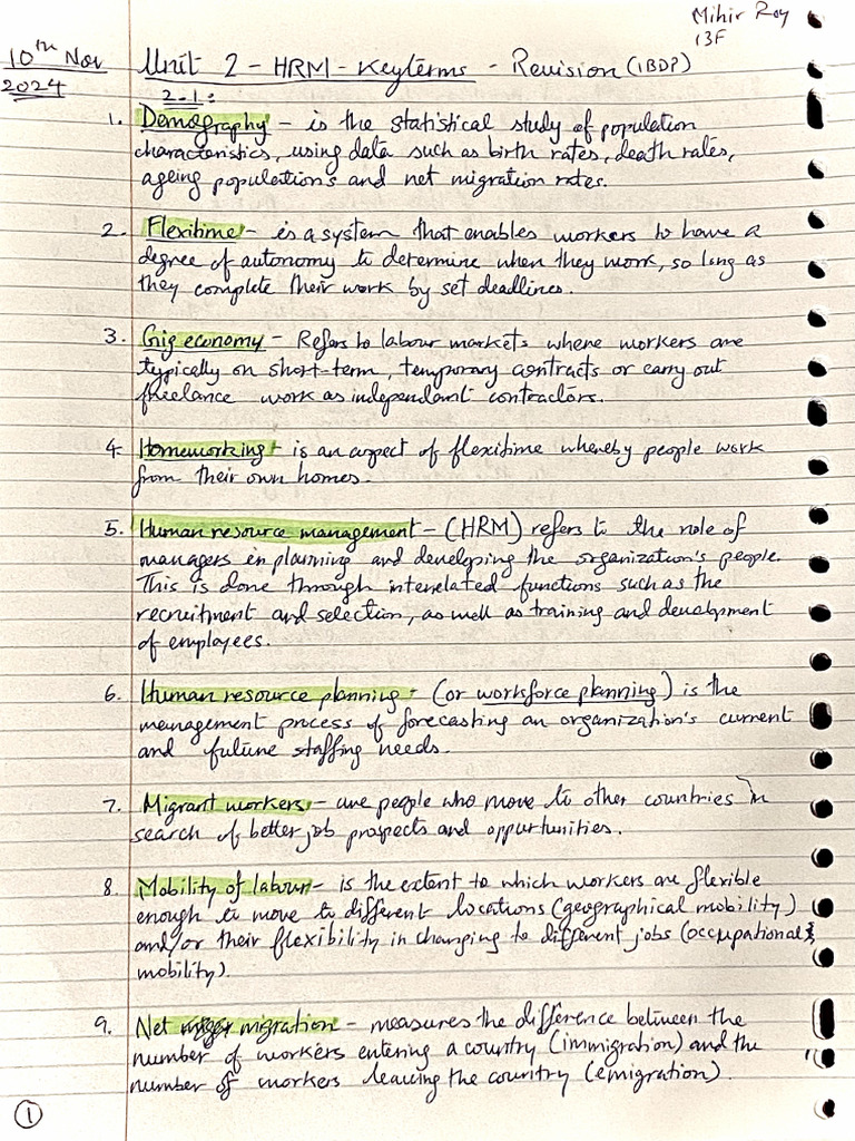 Business Management Unit 2 HRM Revision Keyterms 2024 | PDF