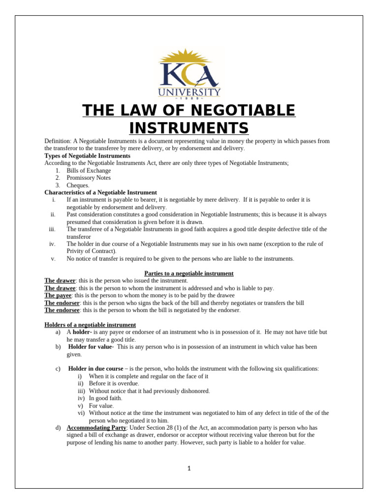 The Law of Negotiable Instruments | PDF | Negotiable Instrument | Cheque