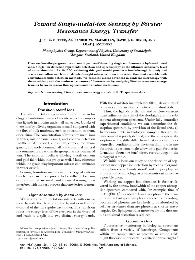 Toward Single-Metal-Ion Sensing by Forster Resonance Energy Transfer ...