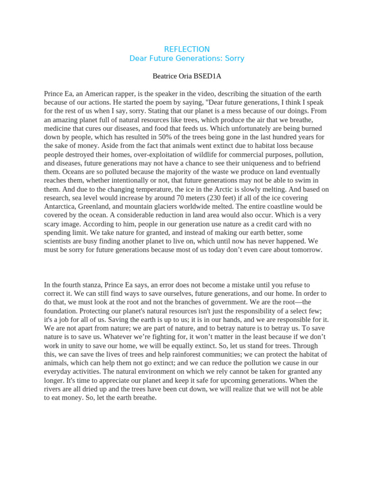 Dear Future Generations Sorry REflection | PDF | Nature | Earth
