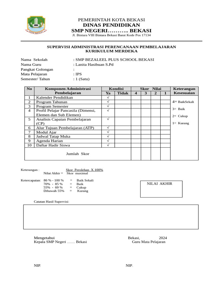 Format Instrumen Supervisi Akademik Kurmer | PDF