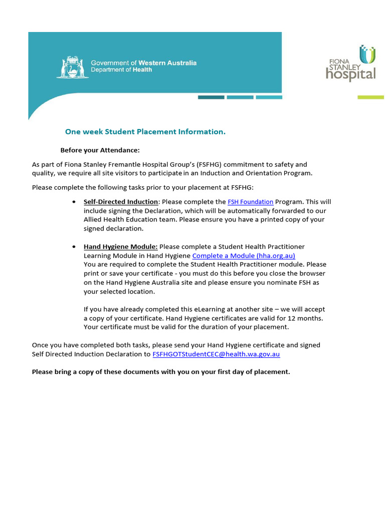 FSFHG OT One Week Student Placement Information | PDF
