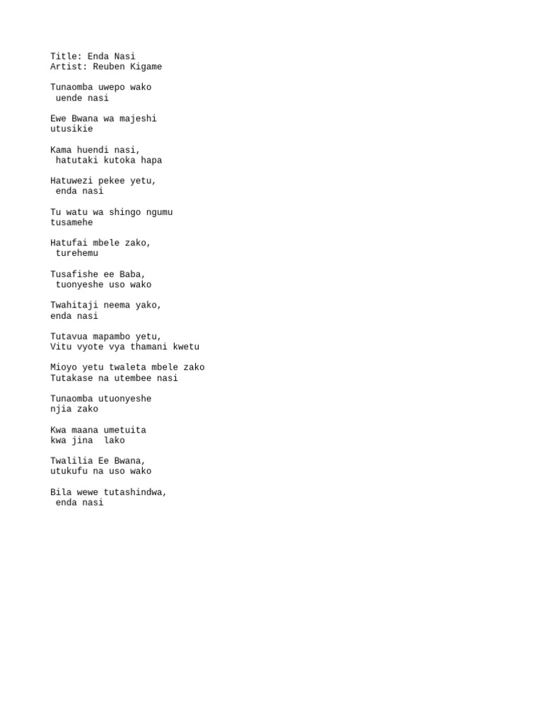 Enda Nasi (Reuben Kigame) | PDF