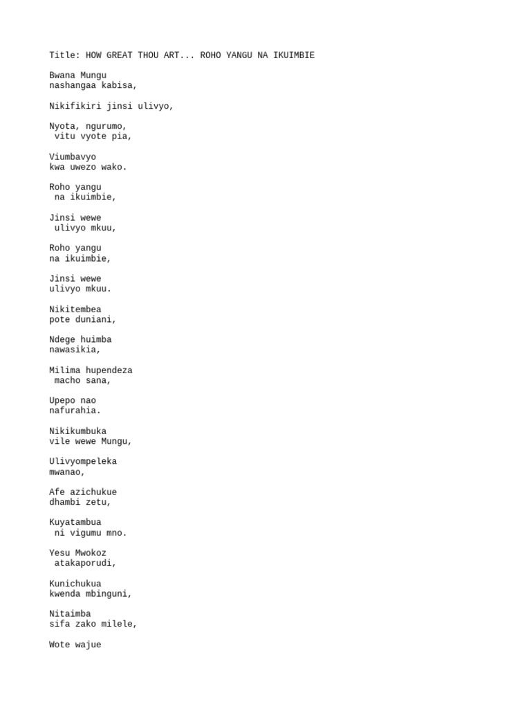 How Great Thou Art... Roho Yangu Na Ikuimbie | PDF | Religion ...
