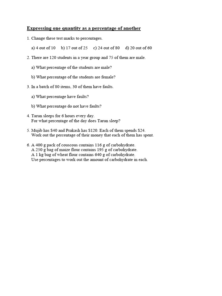 Expressing One Quantity As A Percentage of Another | PDF