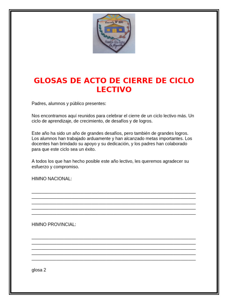 Glosas de Acto de Cierre de Ciclo Lectivo | PDF | Enseñando | Aprendizaje