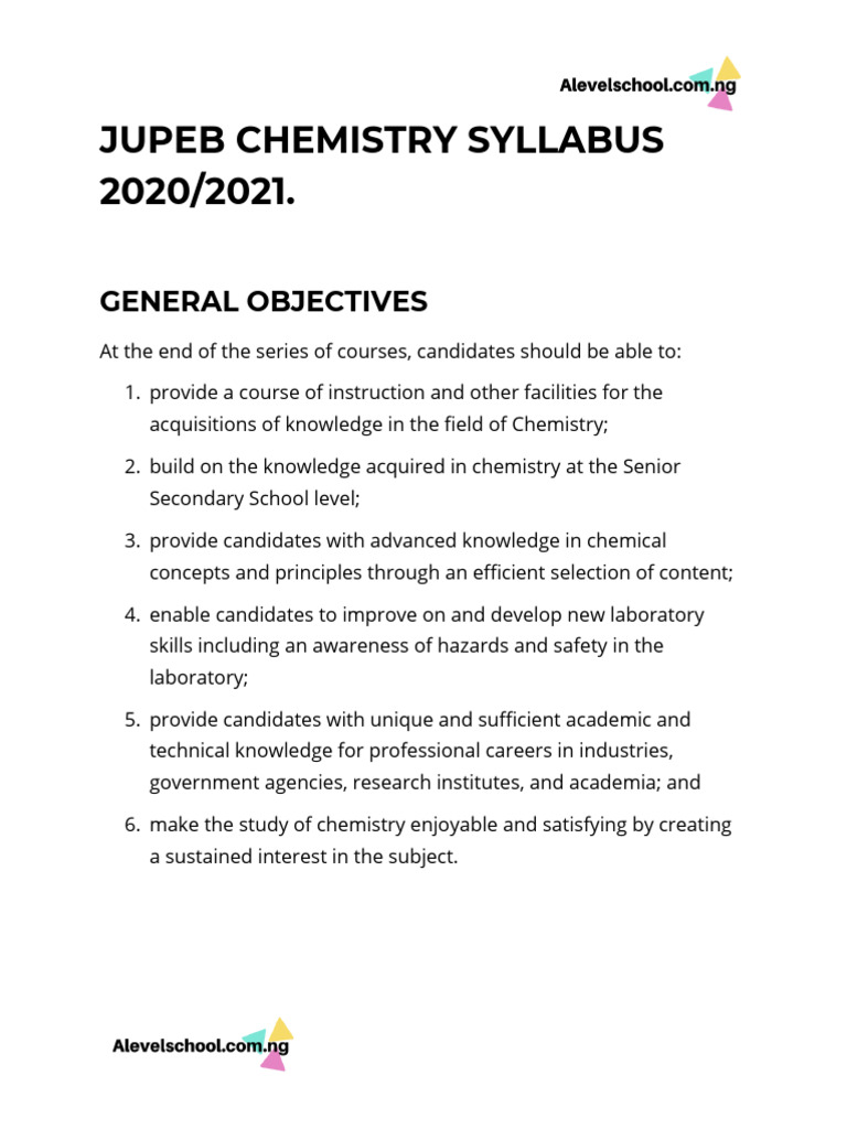 JUPEB Chemistry Syllabus 2025 | PDF | Chemical Equilibrium | Ionic Bonding