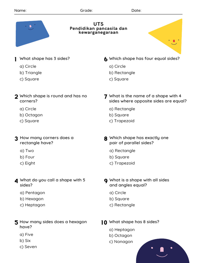 2D Shapes Multiple Choice Quiz Worksheet in Colorful Simple Style | PDF | Home & Garden