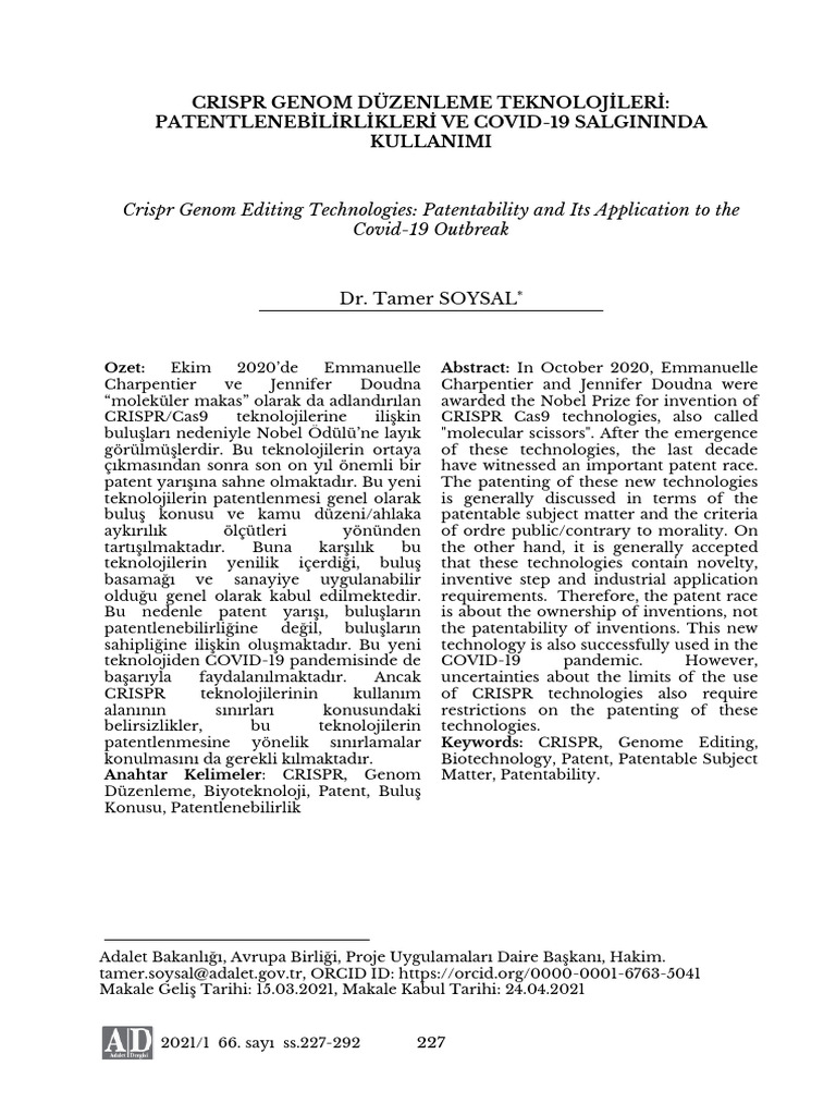 Crispr Genom D Zenleme Teknolojileri Patentlenebilirlikleri Ve Covid-19 Salg N Nda Kullan M ...