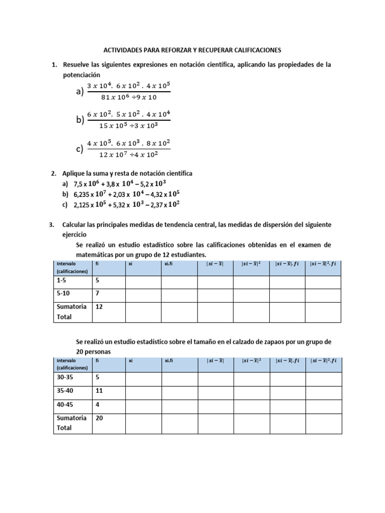 Taller Recuperación Notas Bajas | PDF | Matemáticas | Notación Matemática