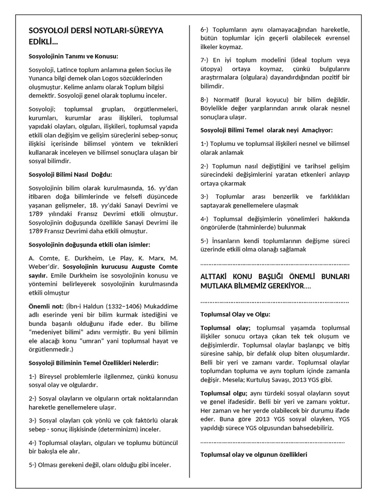 Sinif Sosyoloji Dersi Notlari 1 1 | PDF