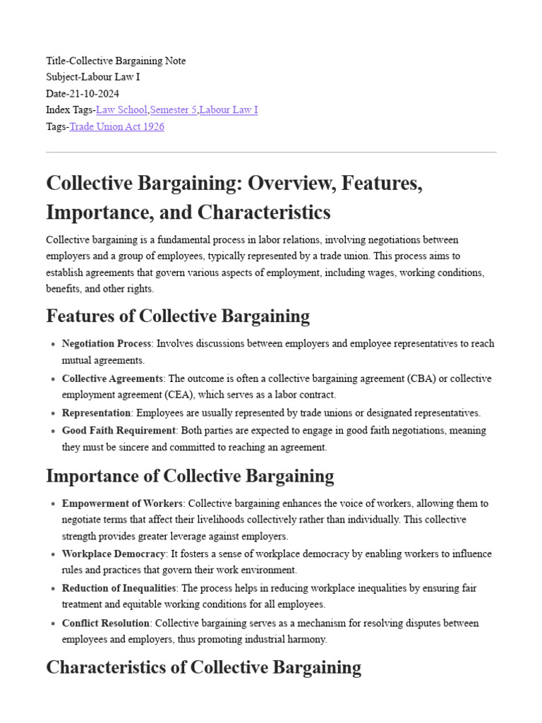 Labour Law I - Collective Bargaining Note | PDF | Collective Bargaining ...
