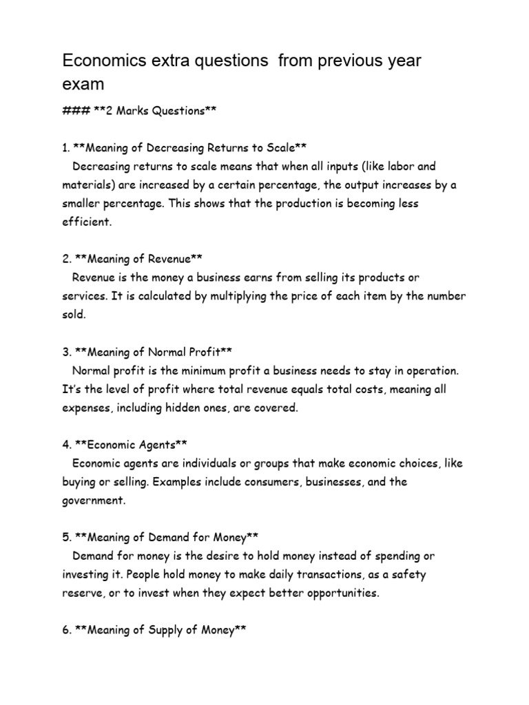 Economics Exam Extra Questions Guide | PDF | Profit (Economics ...