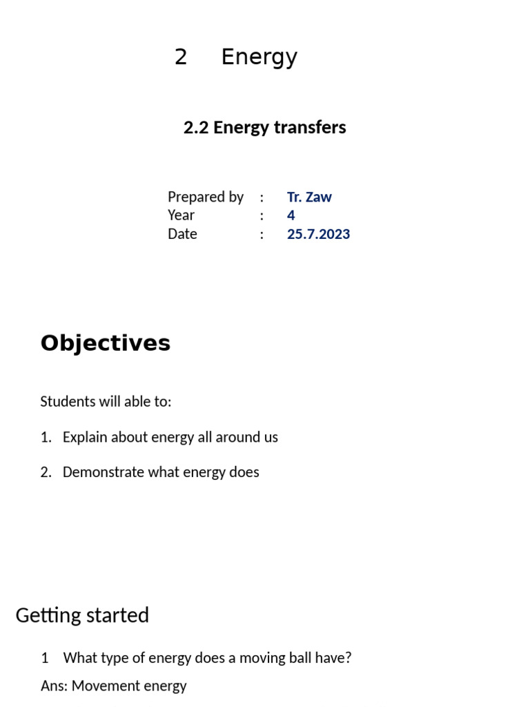 Year 4 Energy Transfers Lesson | PDF | Science & Mathematics