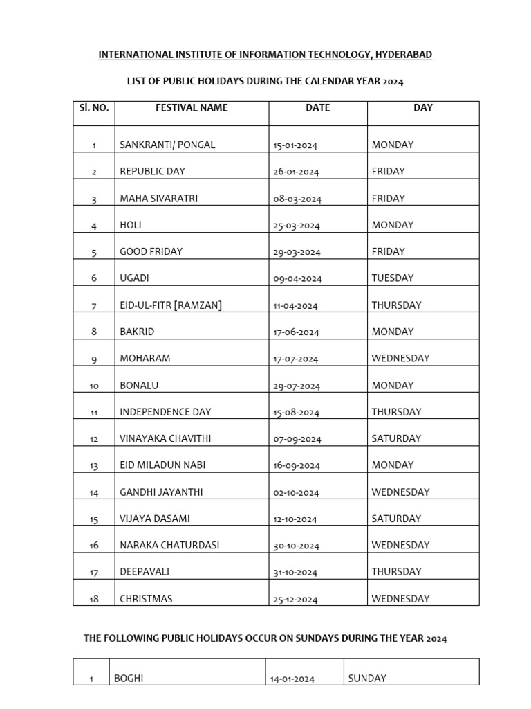 List of Holidays - Year 2024 | PDF