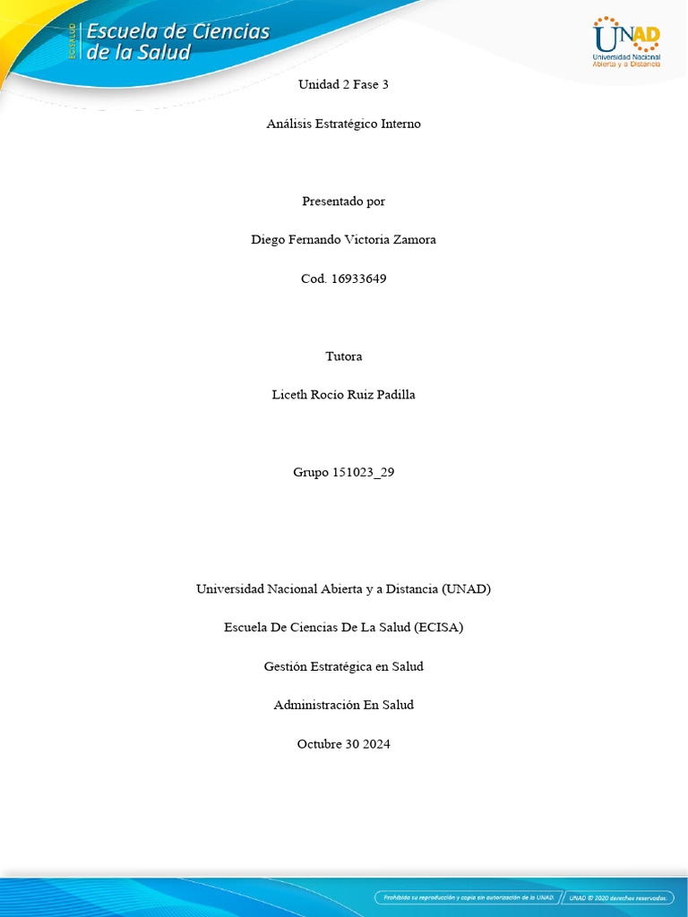 Unidad 2 Fase 3 Analisis Estrategico Interno Diego Victoria 16933649 | PDF | Análisis FODA ...