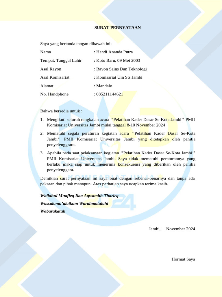 SURAT PERNYATAAN PKD Hendi | PDF
