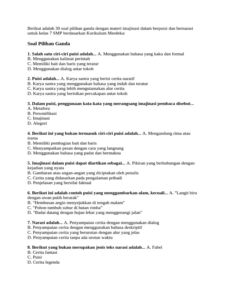 Soal Materi Imajinasi Dalam Berpuisi Dan Bernarasi | PDF