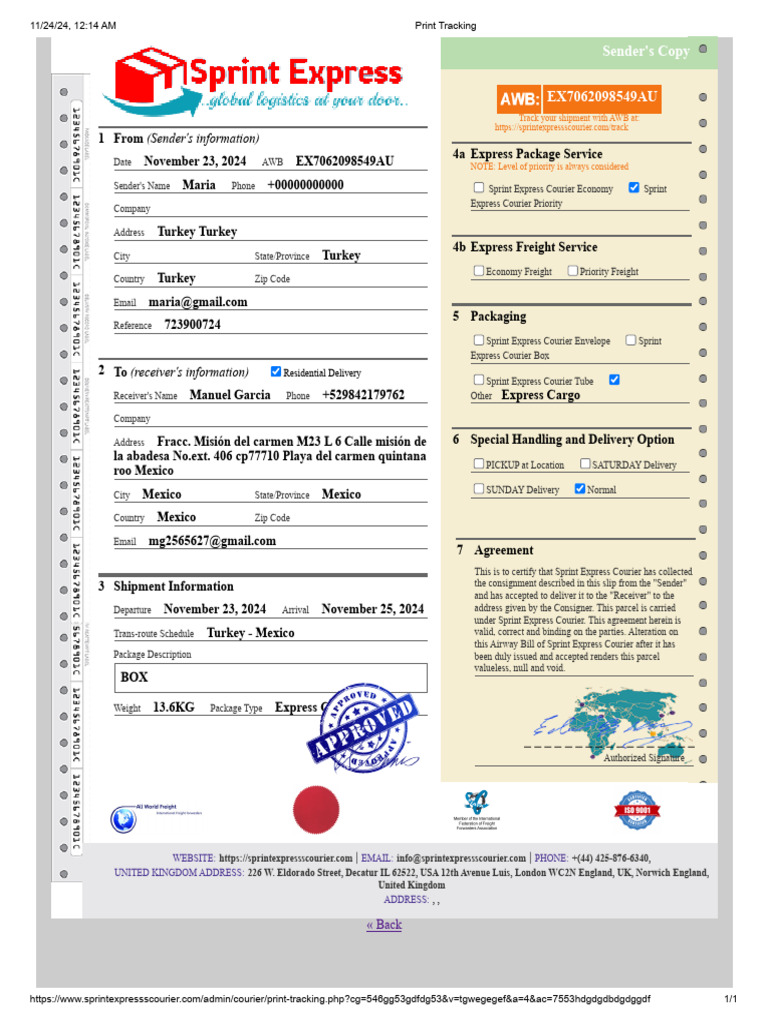 Sample of Tracking Receipt. | PDF | Courier | Cargo