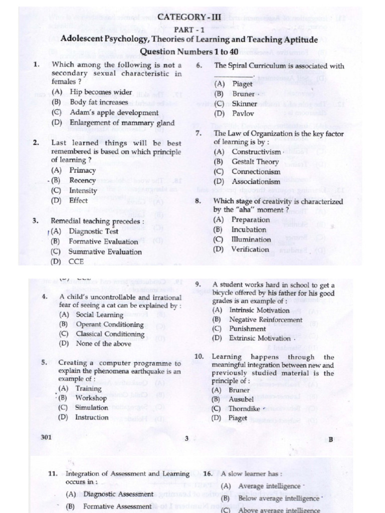 Ktet Cat3 Psychology Part1 Question Paper 2021 | PDF
