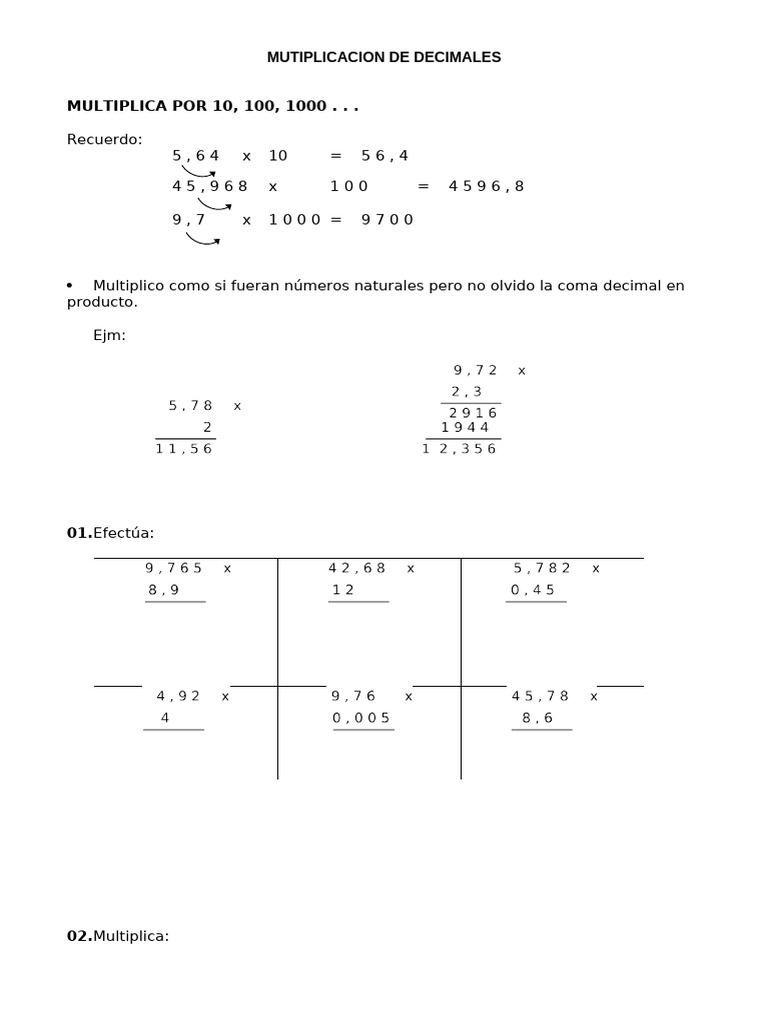 Multiplicando Decimales para Quinto de Primaria | PDF
