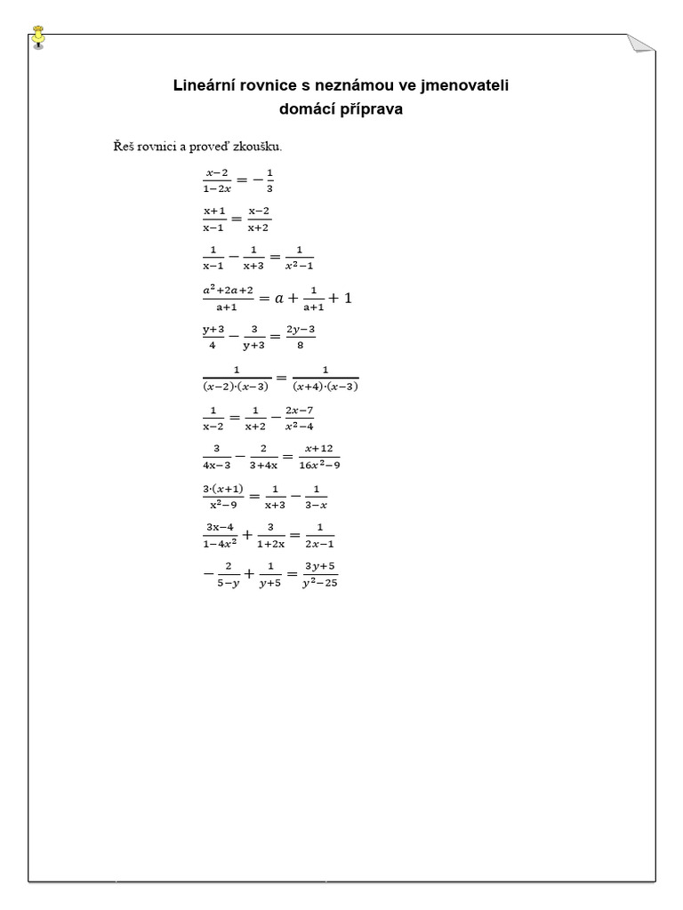 m9 - 10 - Priprava Lineární Rovnice S Neznámou Ve Jmenovateli | PDF