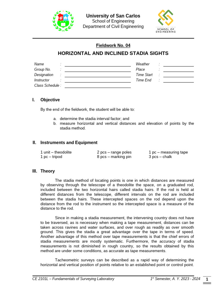 FW 4 - Horizontal and Inclined Stadia Sights | PDF | Surveying | Metrology