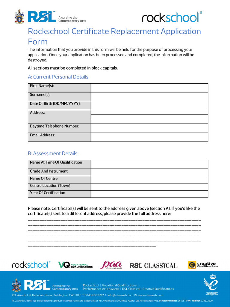 Rockschool Certificate Replacement Application Form 1 | PDF