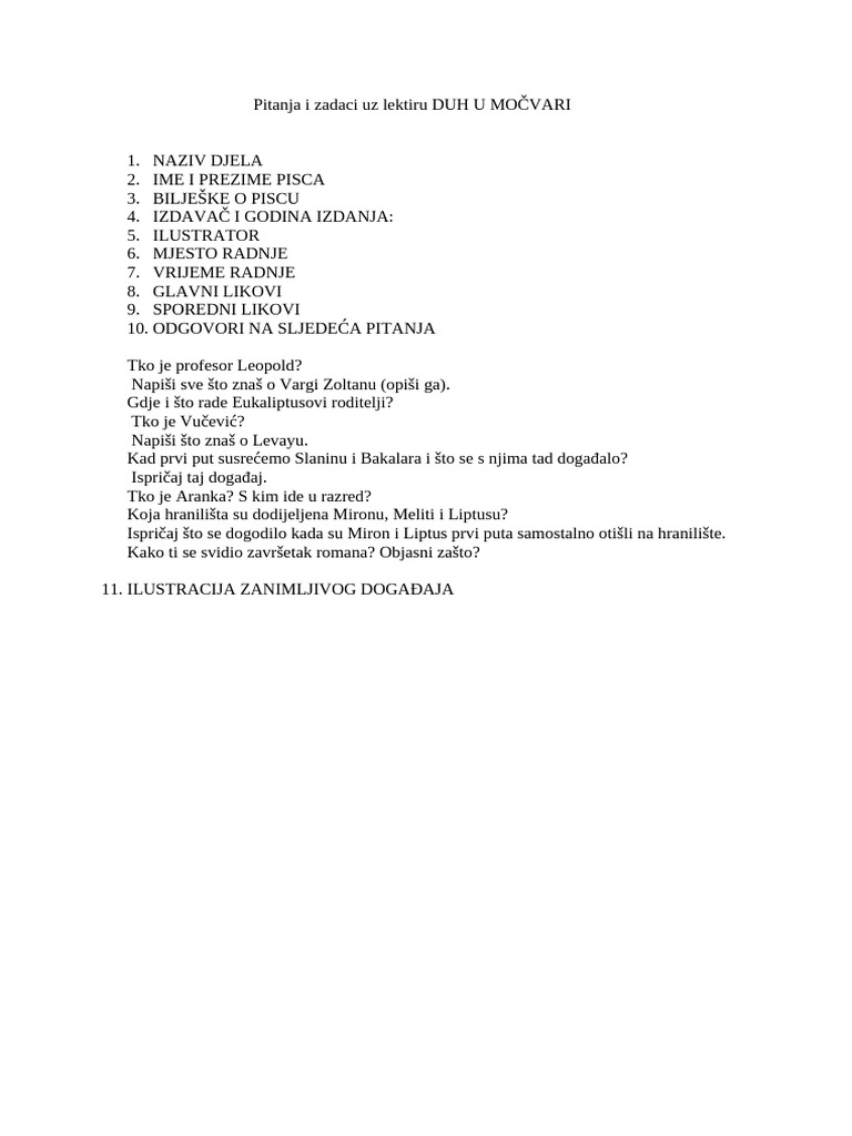 Pitanja I Zadaci Uz Lektiru DUH U MOČVARI | PDF