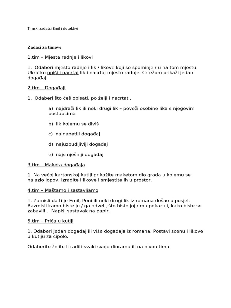 Timski Zadatci Emil I Detektivi | PDF