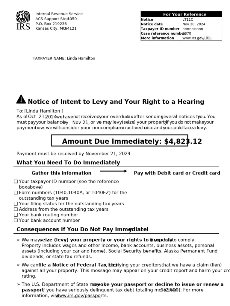 Amount Due Immediately: $4,823.12: Notice of Intent To Levy and Your ...