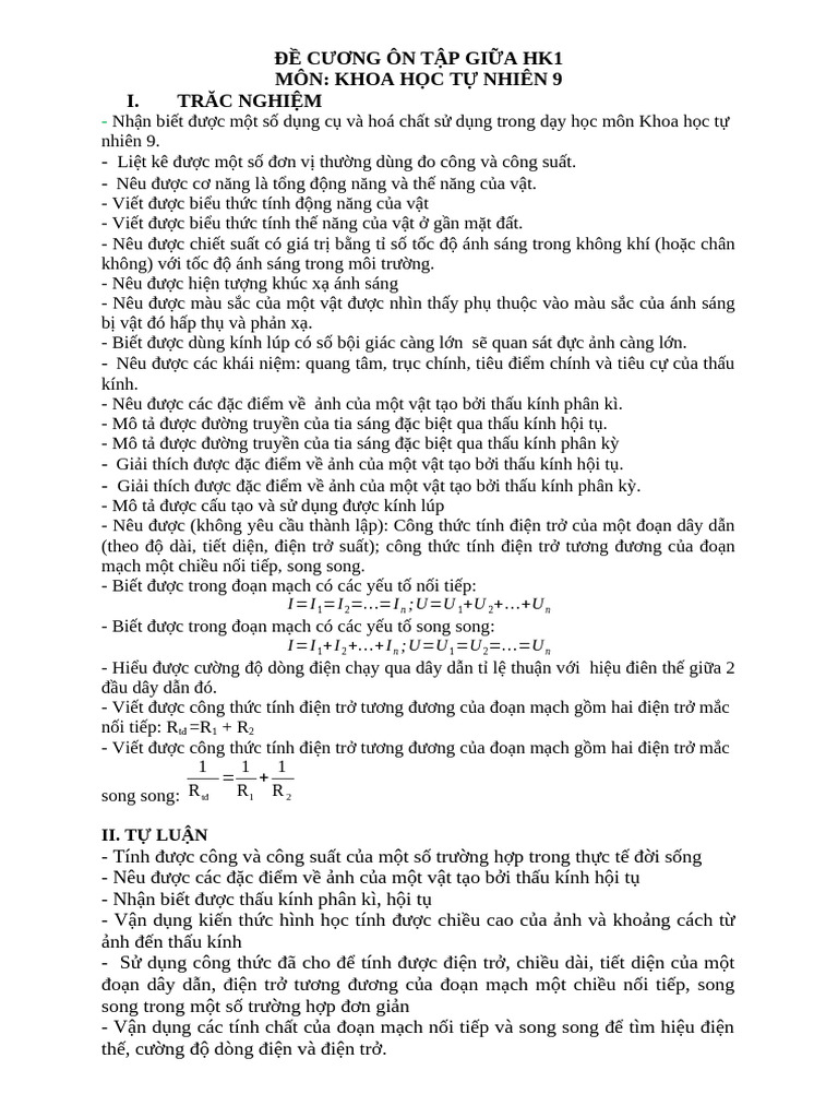 ĐỀ CƯƠNG ÔN TẬP GIỮA HK1- KHTN9 | PDF