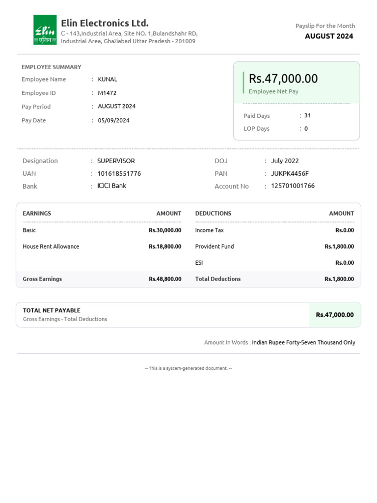 August Pay Slip | PDF