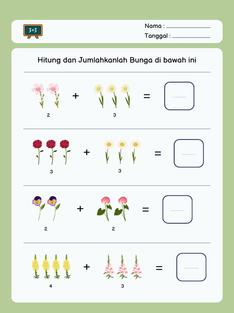 Lembar Kerja Matematika Penjumlahan Bergambar Bunga | PDF