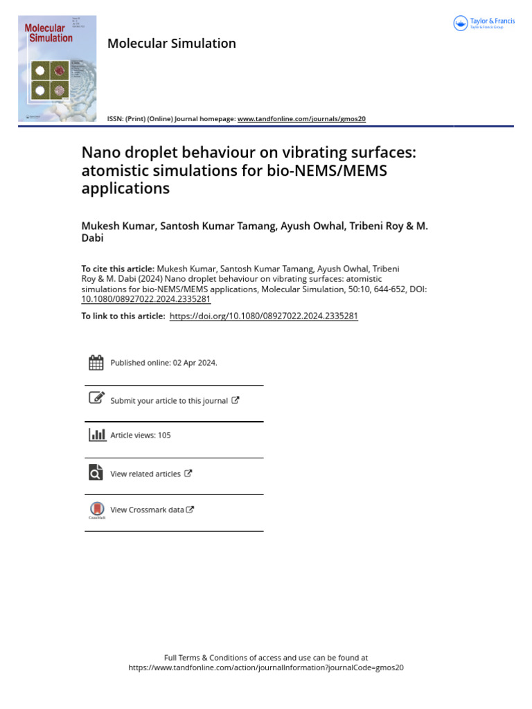 Nano Droplet Behaviour On Vibrating Surfaces Atomistic Simulations For