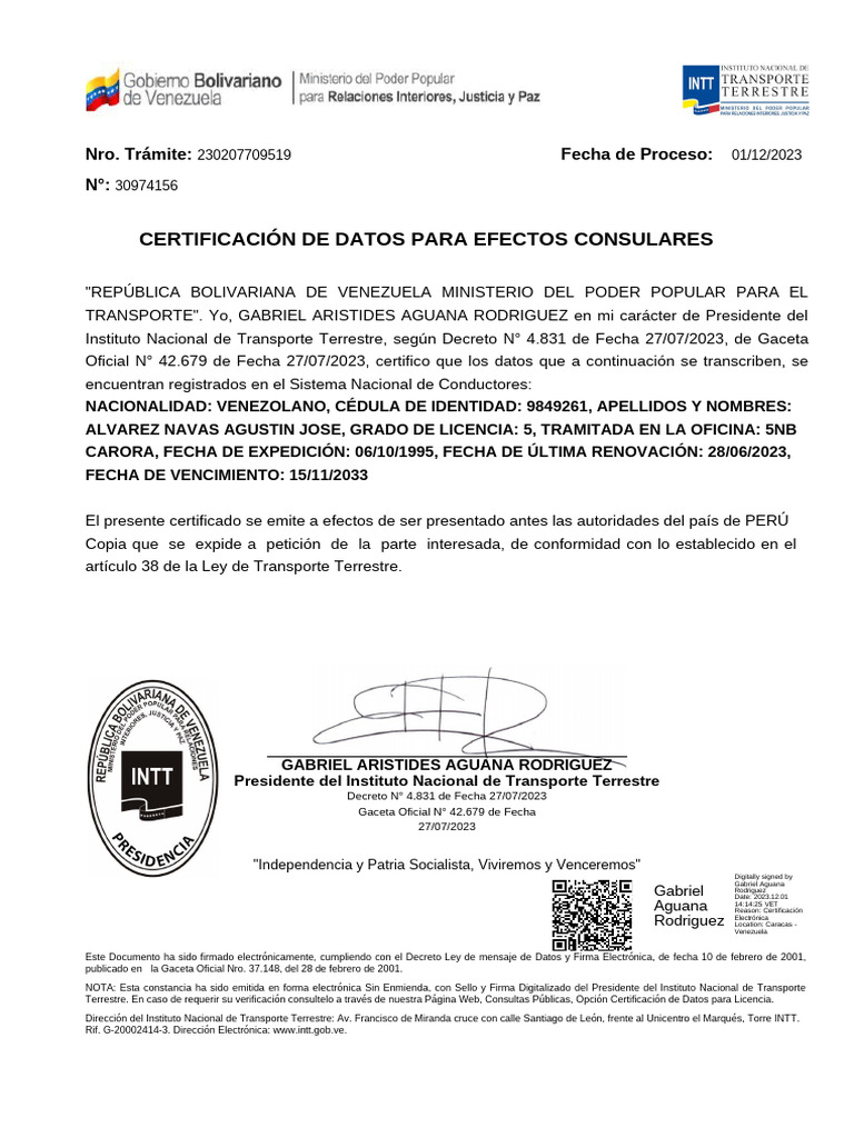 Certificación de Datos Consulares INTt | PDF | Venezuela | Documento de ...