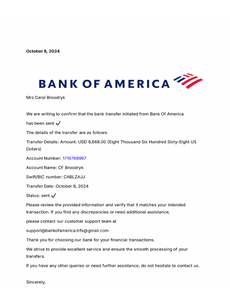 Wire Transfer Confirmation Letter Template | PDF