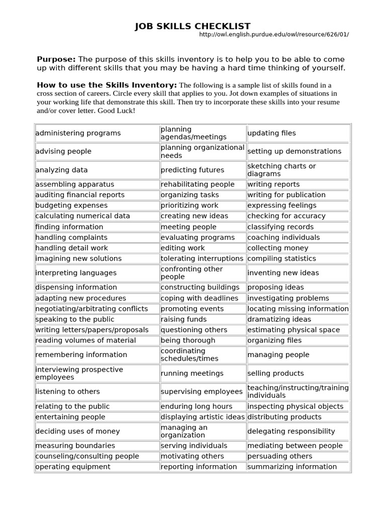 Job_Skills_Checklist | PDF | English Language | Information