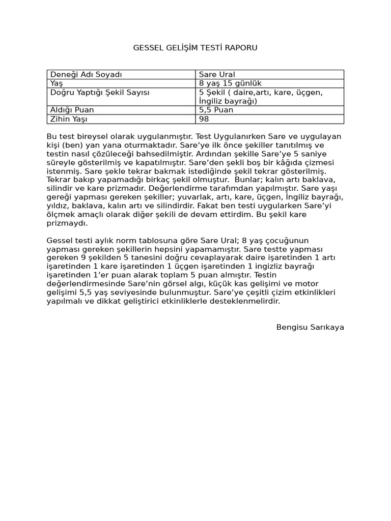 Gessel Geli̇şi̇m Testi̇ Raporu | PDF