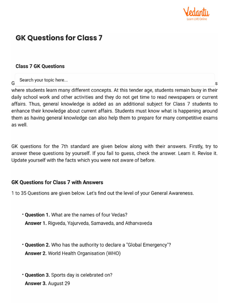 GK Questions For Class 7 | PDF