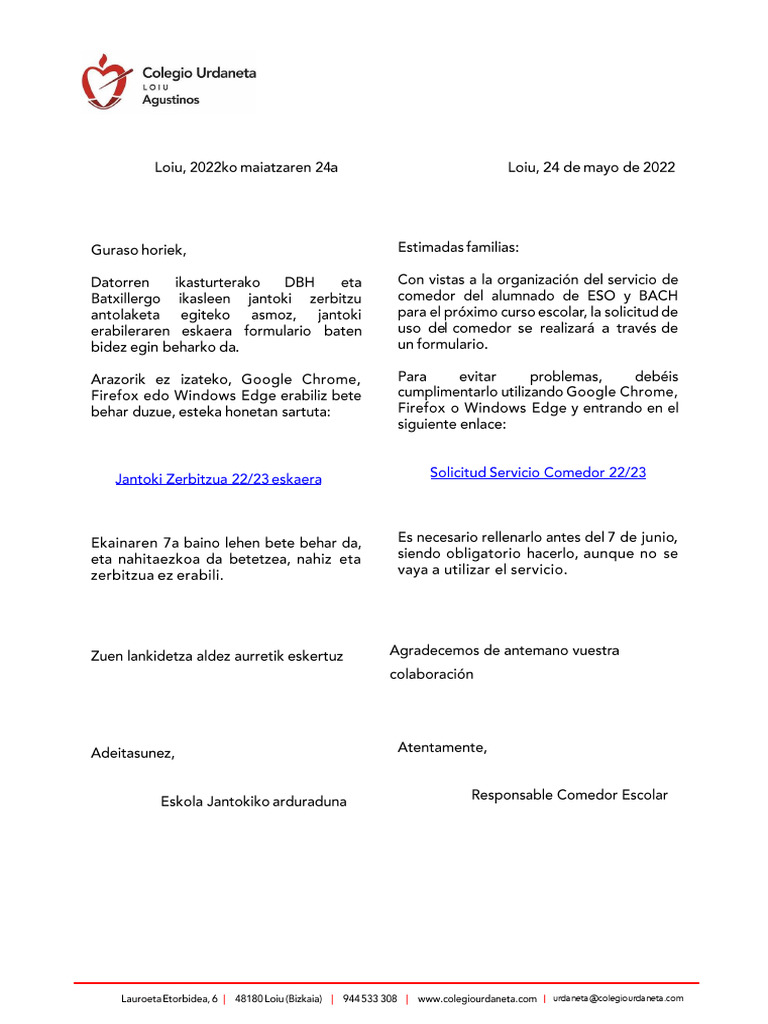 Comedor Escolar: Solicitud 22/23 | PDF
