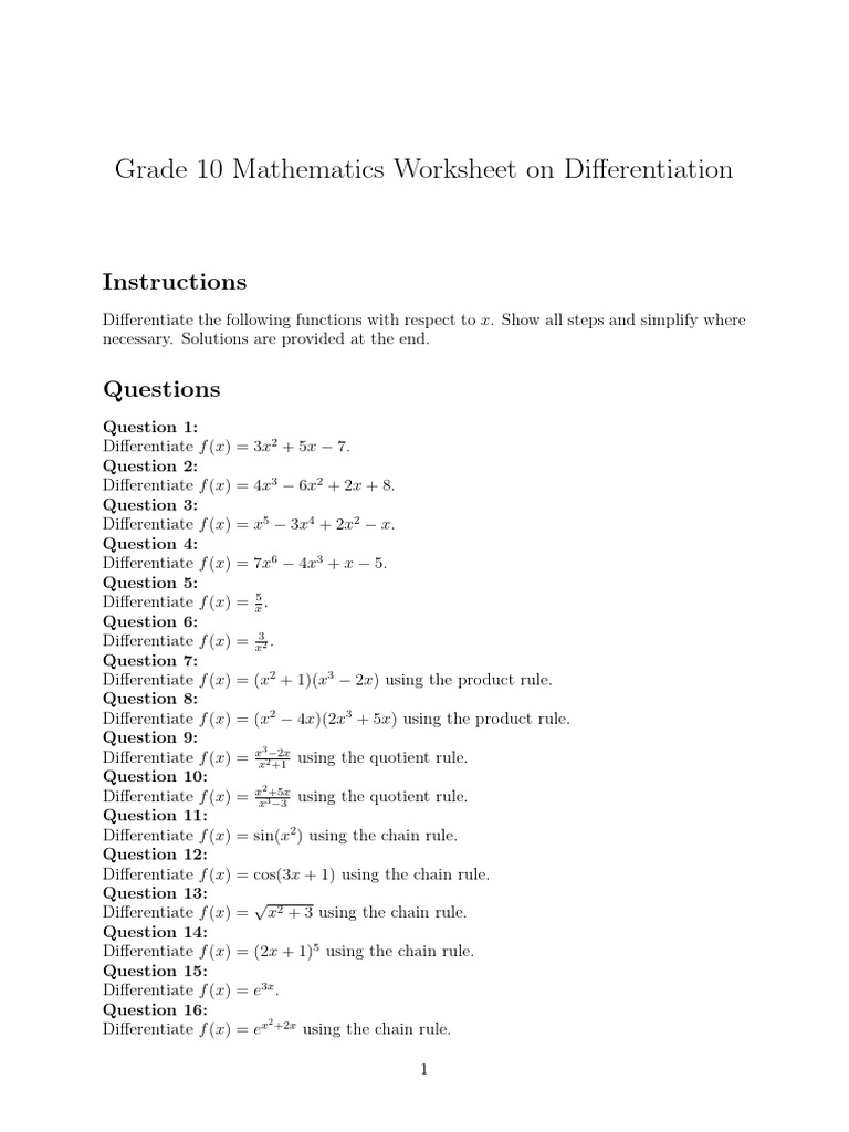Grade 10 Differentiation Worksheet | PDF | Rules | Syntax (Logic)