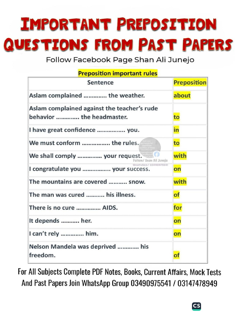 Important Preposition Notes From Past Papers by Shan Ali Junejo | PDF
